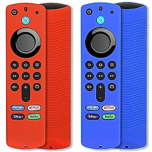 [2 Pack] Pinowu Firestick Remote Cover Compatible with Fire TV Stick 4K Max Alexa Voice Remote (3rd Gen), Anti Slip Silicone Protective Case Cover with Lanyard (Red & Blue)