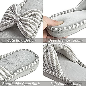 DL Women's Memory Foam Open Toe Slide Slippers with Cute Bow and Cozy Terry Lining, Slip-on House Shoes Spa Mules Sandals with Indoor Outdoor Rubber Sole, Gray, 9-10
