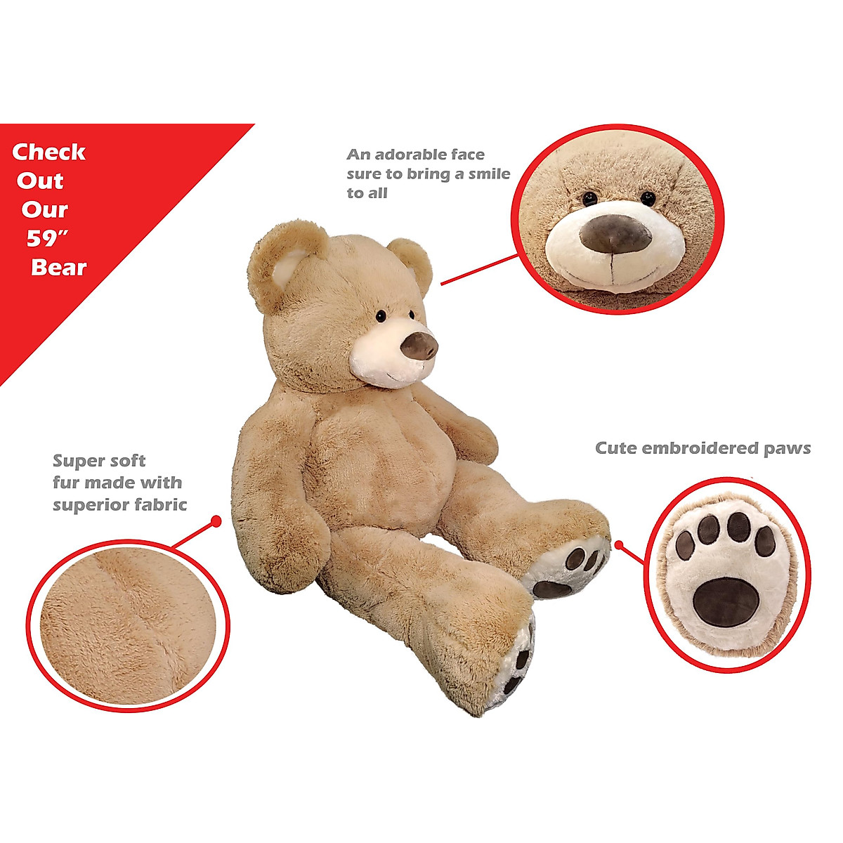 Anico 59" Tall (5 Feet) Giant Plush Light Brown Teddy Bear with Embroidered Paws and Smiling Face, Fits in 2XL Shirt!