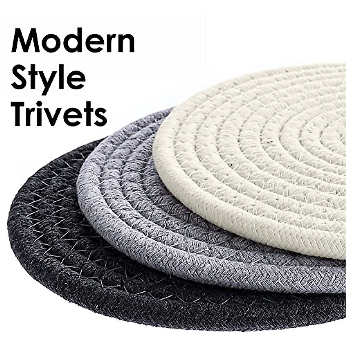 Trivets Pot Holders Set for Hot Dishes Set of 3, Hot Pads for Kitchen, 100% Cotton Trivets for Hot Pots and Pans, Spoon Rest for Cooking & Baking, Stylish Coaster & Hot Mats (Mix Grey 7 Inch Diameter)