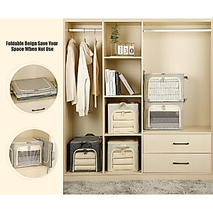 3 Openings Clothes Storage Bins with Metal Frame, Foldable Storage Bin for Clothes, Clothing Storage Bins with Lid, Linen Storage Box With Clear Window＆ Zippers＆ Durable Handles.(3 Pcs,Light Grey,40L)