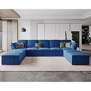 VanAcc Modular Sectional Sofa, Sectional Couch, 9 Seats Sofa- U Shaped sectional with Ottomans, Reversible Sofa Couch for Living Room, Blue Linen