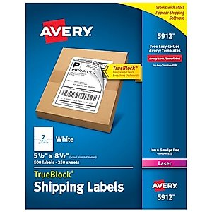 Avery Half Sheet Printable Shipping Labels, 5.5" x 8.5", White, 500 Blank Mailing Labels (5912)