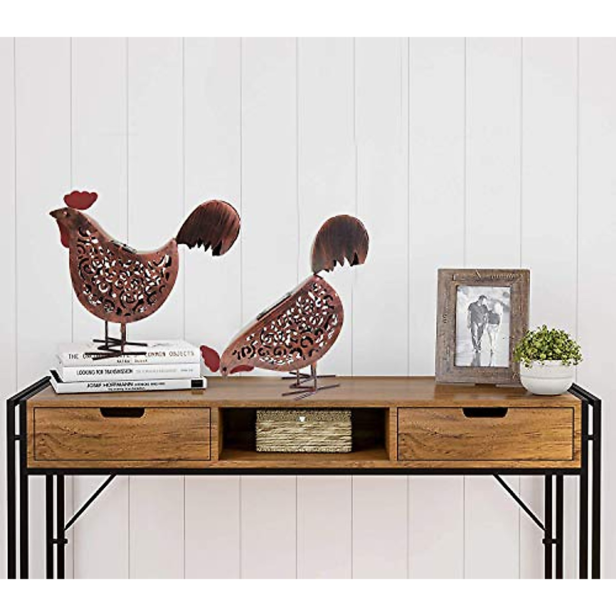 JFRISING Solar Metal Scroll Rooster Garden Sculpture, 3 D Rooster Statue Lantern Lights Table Outdoor Solar Light Art Decor & Ornament for Patio Courtyard for Harvest Thanksgiving Halloween Christmas