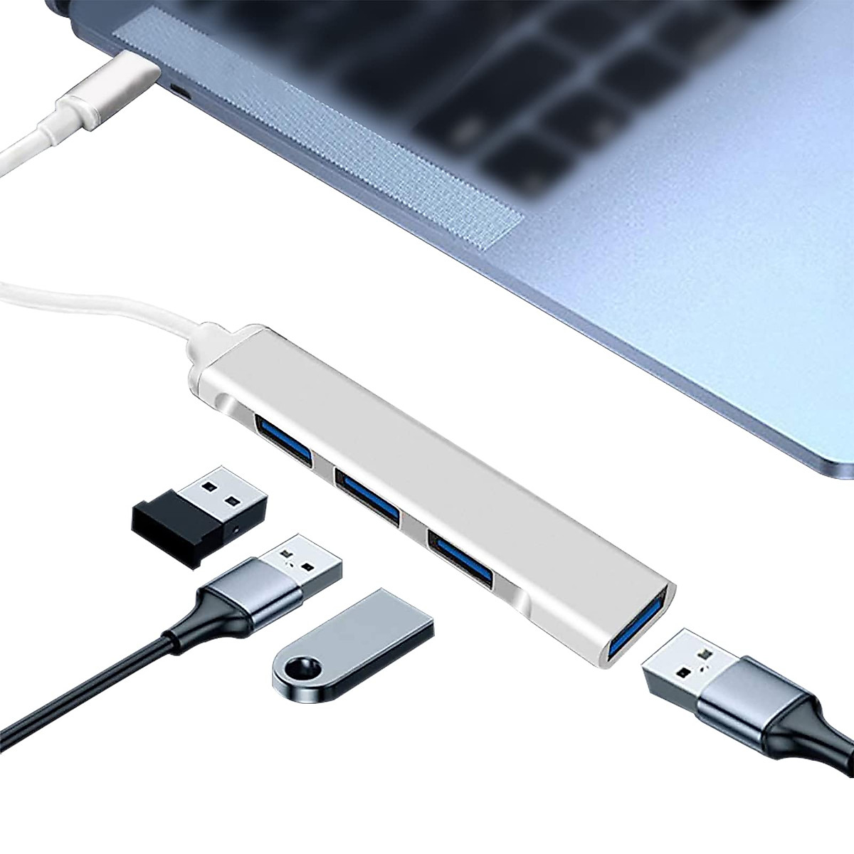 USB C to USB Hub 4 Ports Adapter Expander with USB 3.0, 3 USB 2.0 Ports - Support OTG Function - Portable Aluminum Laptop Accessories for MacBook Pro/Air, iPad Pro/Air 4, Chromebook (Silver)