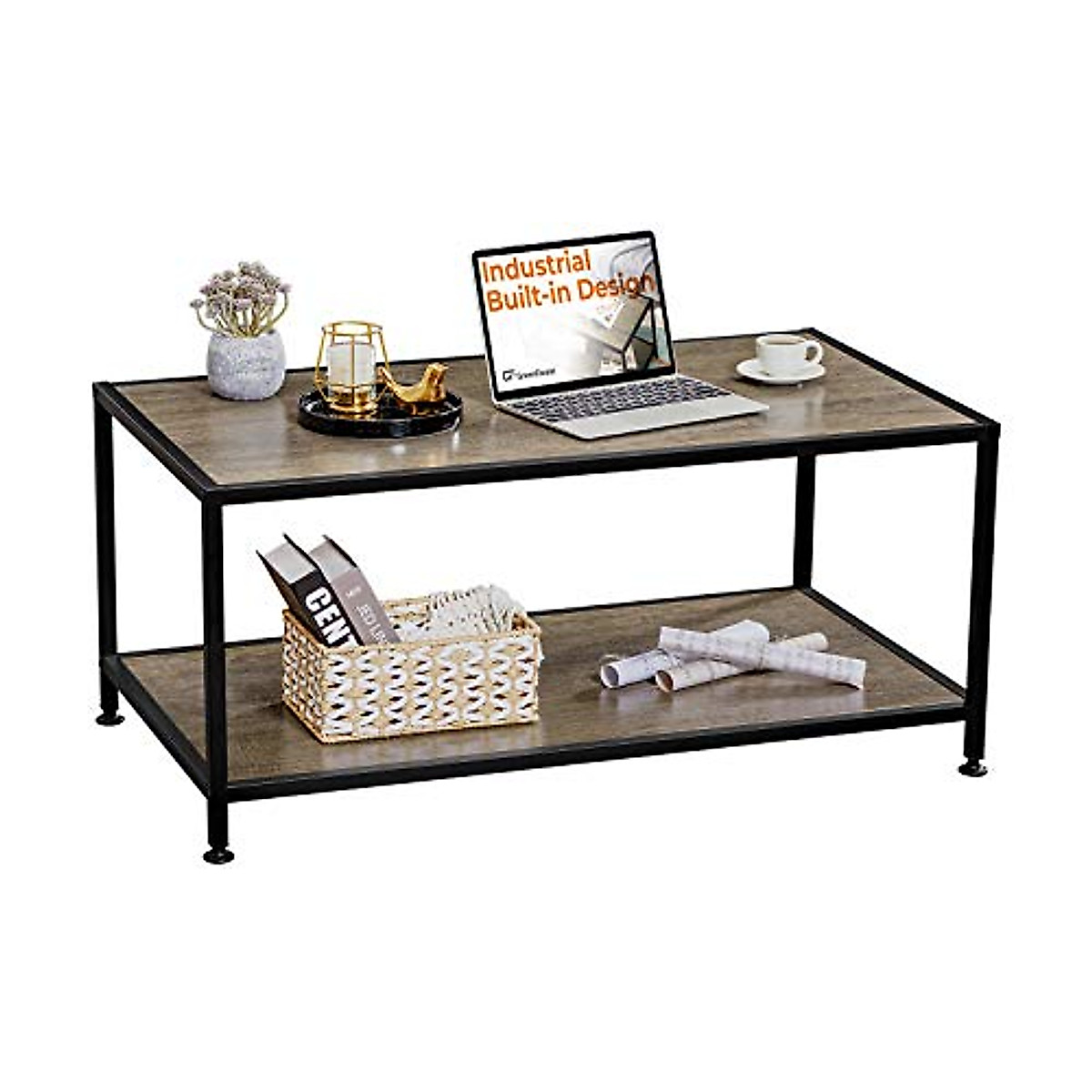 GreenForest Coffee Table Industrial with 2 Tier Storage Shelf for Living Room Modern Coffee Table 39.3 x 21.4 inch, Easy to Install, Rustic Walnut