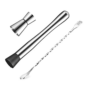 3 PCS Stainless Steel Cocktail Mixer Kit Stirring Spoon Lemon Mashing Stick 15ml 30ml Jigger Bar Tool Accessories Home Bartending Kit and Martini Cocktail Shaker Set