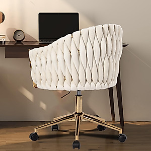 linting Velvet Office Desk Chairs Vanity Chairs with Gold Base Height Adjustable Mid Back Makeup Chairs with Wheels for Women, Hand-Woven Accent Chairs Armchair, Beige