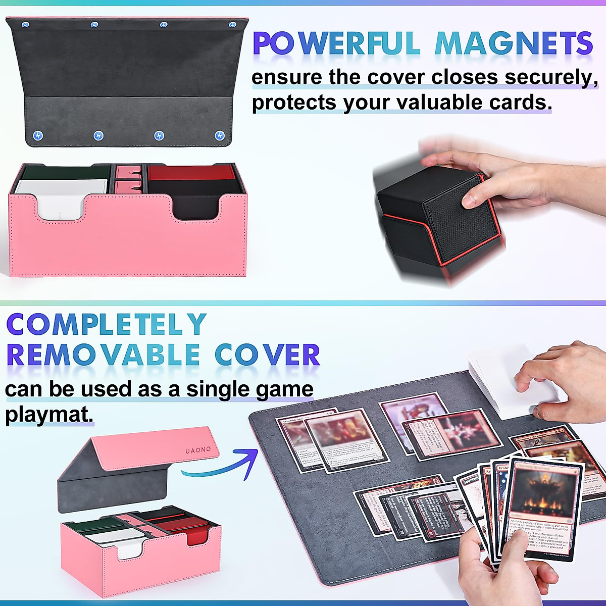 UAONO Card Deck Box with 4 PCS MTG Deck Box for Trading Cards, PU Leather Card Storage Box Holds 900+ Sleeved Cards, Large Card Deck Case Compatible with Commander Yugioh PTCG Cards (Pink Set)