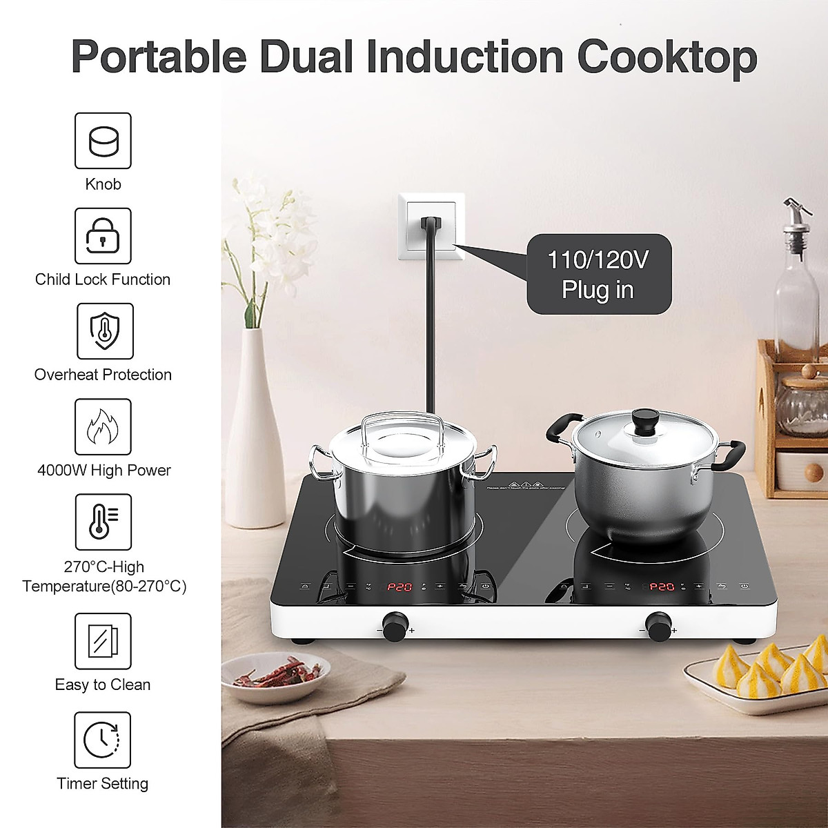VBGK Double Induction Cooktop,4000W 110V Induction stove top Knob Control, Portable Iduction Cooktop with 9 Power Levels, Child Safety Lock & Timer 2 burner Induction cooktop