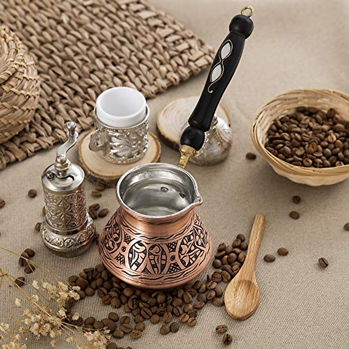 Erbulus Turkish Coffee Pot - Briki Greek, Arabic, Fortune Edition Turkish Coffee Maker with Wooden Handle (18 OZ)
