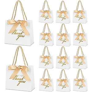 Mauproy 20 Pack Small Thank You Gift Bags with Handles, 5.5''x 2.5''x 4.7'' Mini Paper Gift Bags with Ribbons Party Favor Bags for Wedding Baby Shower Bridal Shower Birthday Christmas (White)