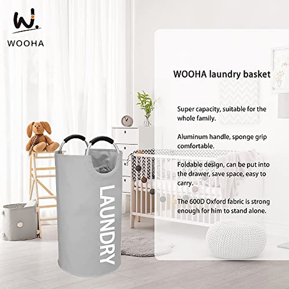 WOOHA 90L Large laundry basket,Collapsible laundry hamper, Tall Clothes Baskets Folding Washing Bin Foldable Fabric Hamper Bags for Bedroom, Closet,Bathroom,College,laundry bag, lightgrey