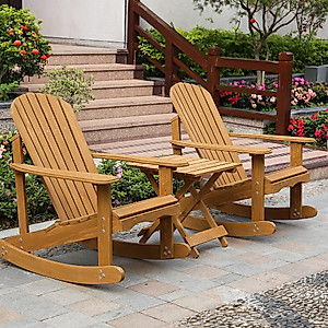 LuxenHome Rocking Chair Outdoor, Rocking Adirondack Chair, Canadian Hemlock Wood Adirondack Chairs, Patio Outdoor Rocking Chairs, Lounge Chairs for Outside, Brown Finish Lawn Chairs