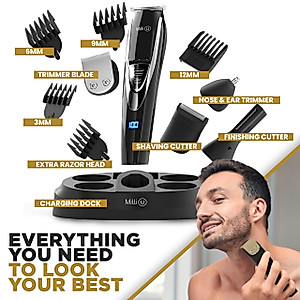Milli-U Men's Waterproof Cordless Beard and Body Hair Trimmer, Self-Sharpening Steel Blades, 13 Multigroom Attachments, 1 Year Risk Free Guarantee