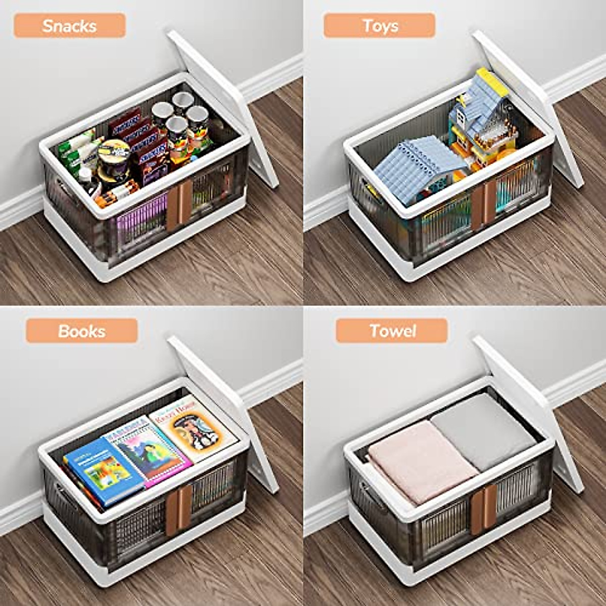 Sillars Storage Bins with Lid, Plastic Foldable Storage Box, Stackable and Nestable Storage Container for Home Organization, 3 Packs, 8 Gallons, Transparent