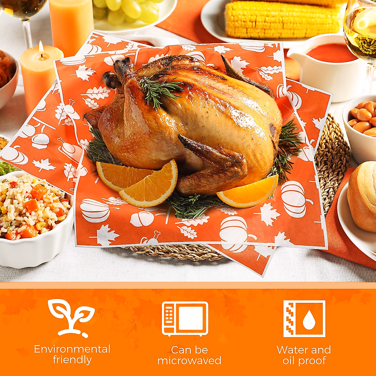 150 Pieces Autumn Wax Paper Sheets Food Wrap Paper Grease Resistant Paper Liners Thanksgiving Theme Waterproof Wrapping Tissue Food Picnic Paper for Home Kitchen(Pumpkin)