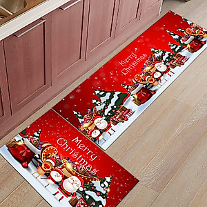 2 Piece Santa Claus Kitchen Rug Set Merry Christmas Snowman Elk Indoor Floor Mats for Winter, Xmas Door Mat Runner Rug Carpet Mat for Kitchen Home Decor (15.7" x 23.6"+15.7" x 47.2")- Snowy Winter Art