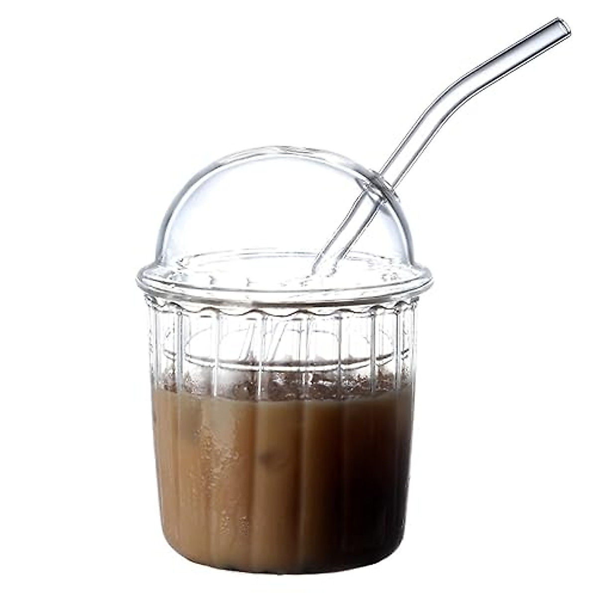 Glass Cups with Glass Dome Lid and Straws,Reusable Wide Mouth Smoothie Cups 14oz Glass Coffee Iced Cup Tumbler Glass Bubble Tea Cup for Coke Soda Home Office Bar