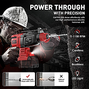 Rotary Hammer Drill For Milwaukee 18V: 1" SDS Plus Brushless Rotary Hammer - Safety Clutch 4 Application Modes Fastest Drilling For Concrete Tile Wood Wall Including 4 Drill Bits(Battery not included)