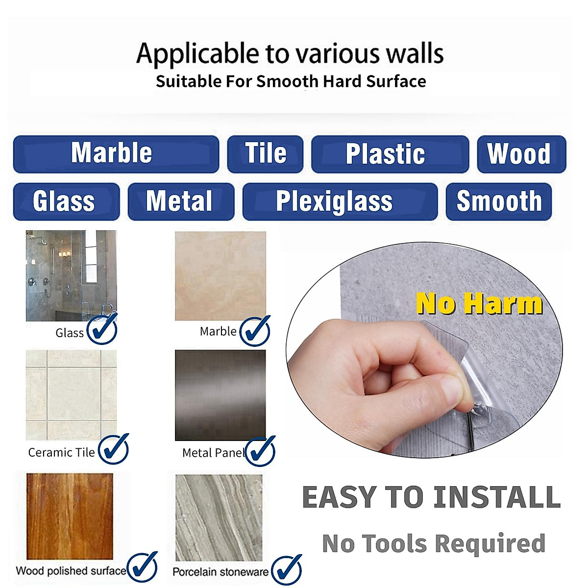 nabreeli Adhesive Hooks for Hanging 8 Pack, 22 lbs Heavy Duty Wall Hooks 304 Stainless Steel Self Adhesive Towel Hook Waterproof Transparent Sticky Hooks for Kitchen Glass Door (8)