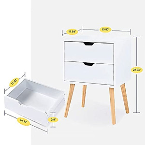 sweetgo End Side Table Nightstand with Storage Drawer -Fashion Modern Assemble Storage Cabinet Bedroom Bedside -Solid Wood Legs Living Room Bedroom Furniture-Double Drawer Nightstand-Set of 2 (White)