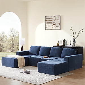 Minimalist Style Modular Sectional Sofa, Luxury Chenille Fabric Cloud Couch with Movable Ottoman, Sleeper Sofa Bed for Living Room, No Assembly Require-Blue