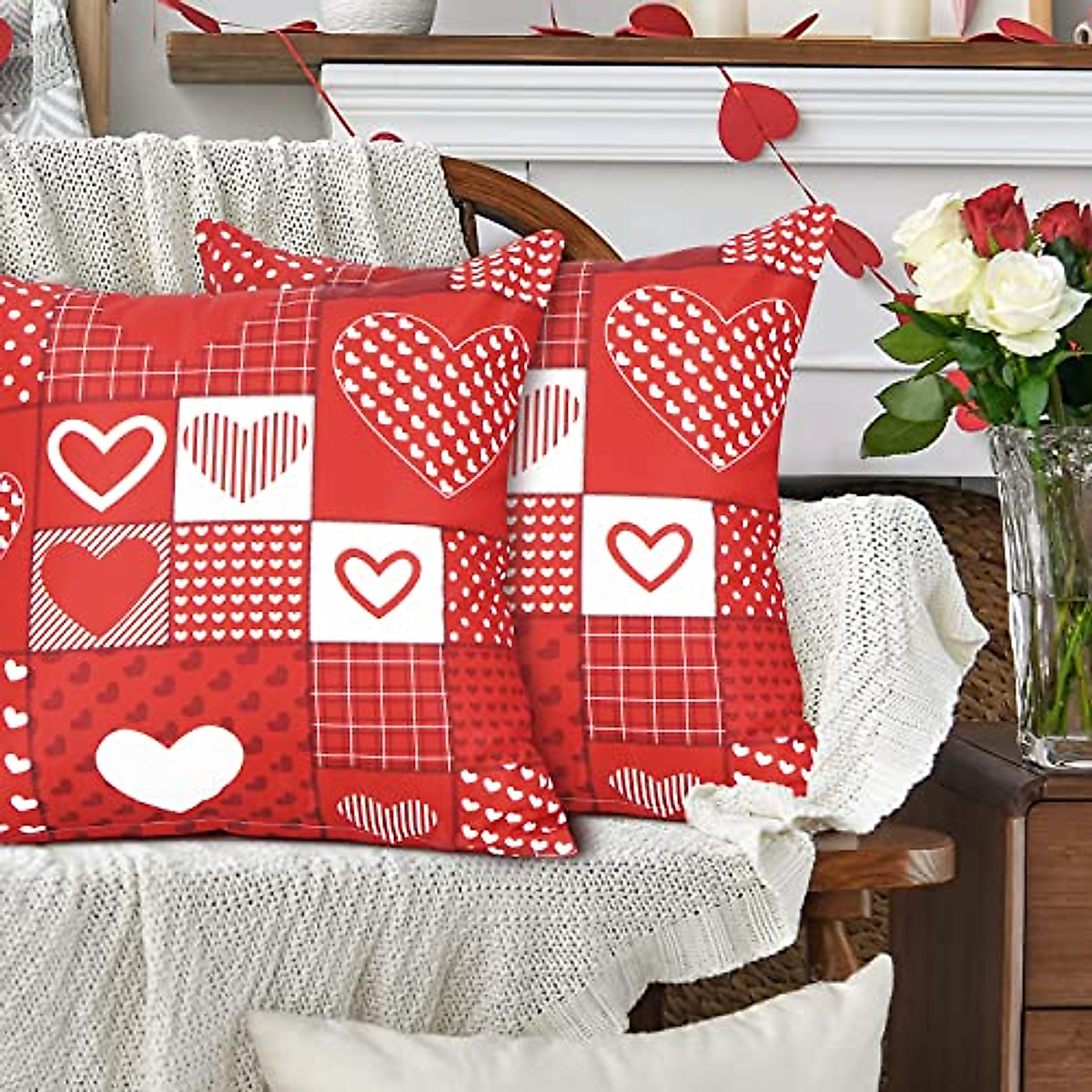 Valentine's Day Pillow Covers 18 x 18 Inch, Set of 2 Red Waterproof Throw Pillow Covers Outdoor, Love Heart Plaid Decorative Cushion Pillow Cases for Anniversary Couch Patio Furniture Bench Bed Sofa