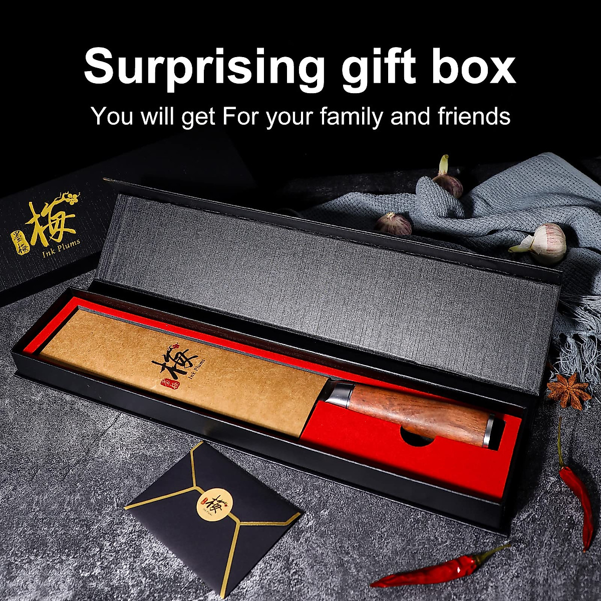 Ink Plums Santoku Knife 7 Inch,High Carbon Steel Ultra Sharp Asian Chef Knife with Brazilian Rosewood Handle and Gift Box for Family & Restaurant