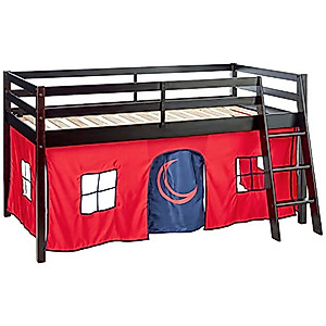 Alaterre Furniture Roxy Pine Twin Junior Loft Bed, Espresso with Red & Blue Tent