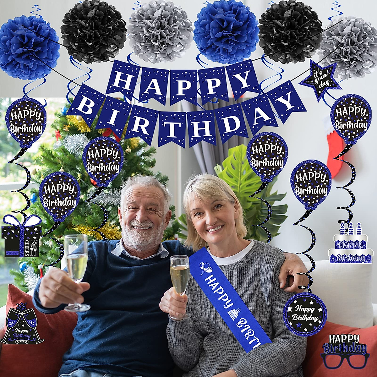 Birthday Decorations Blue Black, Happy Birthday Party Decorations for Men Women Boys Girls, Happy Birthday Banner, Double-Sided Bday Pattern Card, Birthday Sash, Pompoms, Hanging Swirl Bday Decor Set
