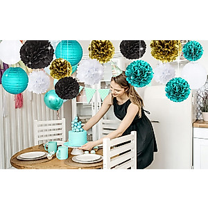 Turquoise Graduation Party Decorations 2024 White Teal Black Gold Party Decorations Paper Lanterns for Teal Theme Party Wedding, Teal Black Bridal Shower Decor Teal Baby Shower Teal Wedding Decoration