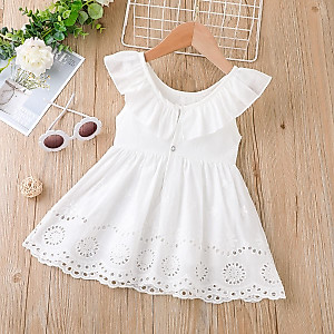 Aruzig Toddler Baby Girls Eyelet Dress White Ruffle Sleeveless Tunic Sundress Kids Casual Beach Party Clothes (White Embroidered Dress, 3-4T)