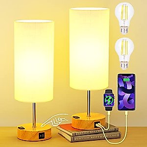 ZEXDOK Table Lamps Set of 2 with USB Ports and Outlets, Touch Control Lamps for Bedroom 3-Way Dimmable Nightstand Lamps with USB A+C Charging Ports & Ac Outlet for Living Room, Dorm, Home Office