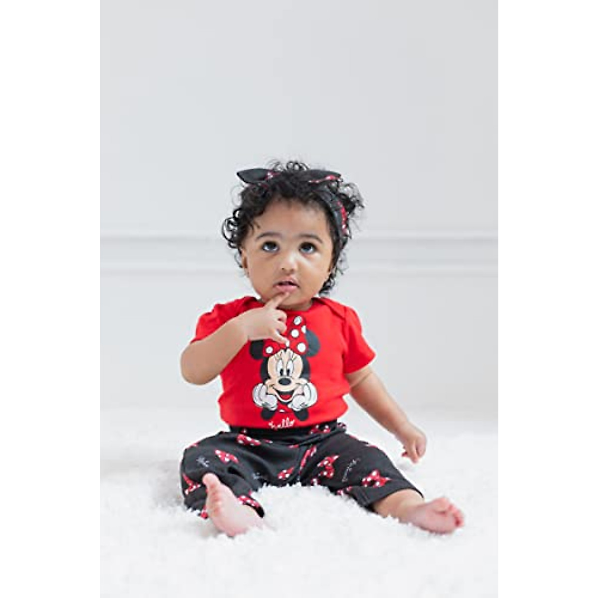Disney Minnie Mouse Newborn Baby Girls Bodysuit Pants and Headband 3 Piece Outfit Set Black/Red 0-3 Months