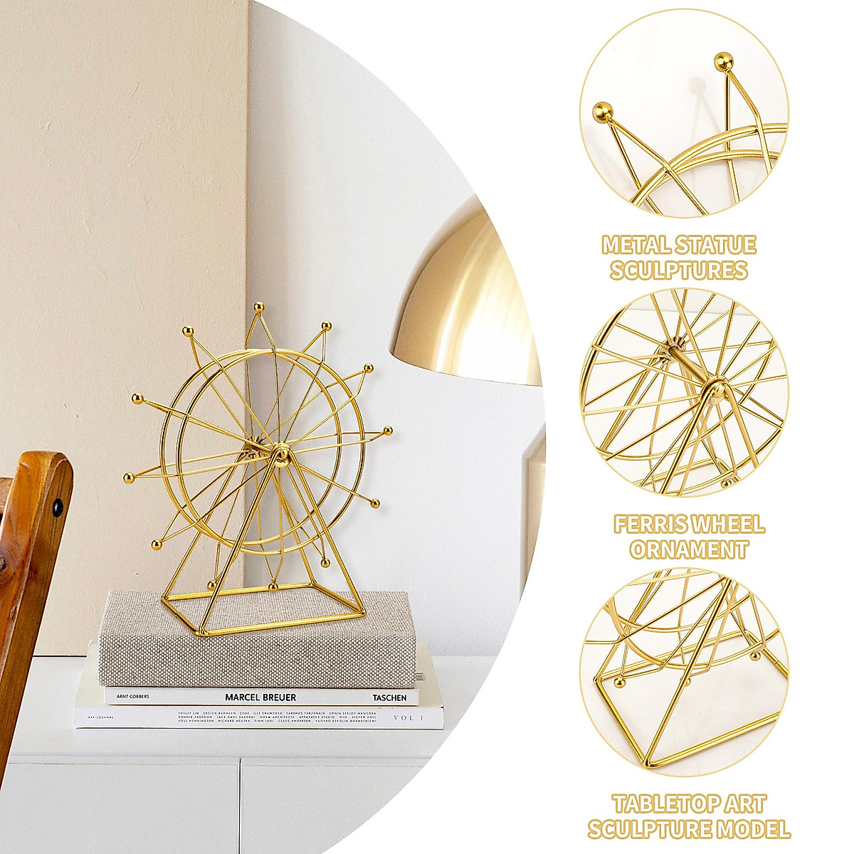 MATUFF Gold Ferris Wheel Decorations for Office Bookshelf Decor, Home Decor Living Room Shelf- Spinning Ferris Wheel for Gift Birthday Thanksgiving Valentine's Day