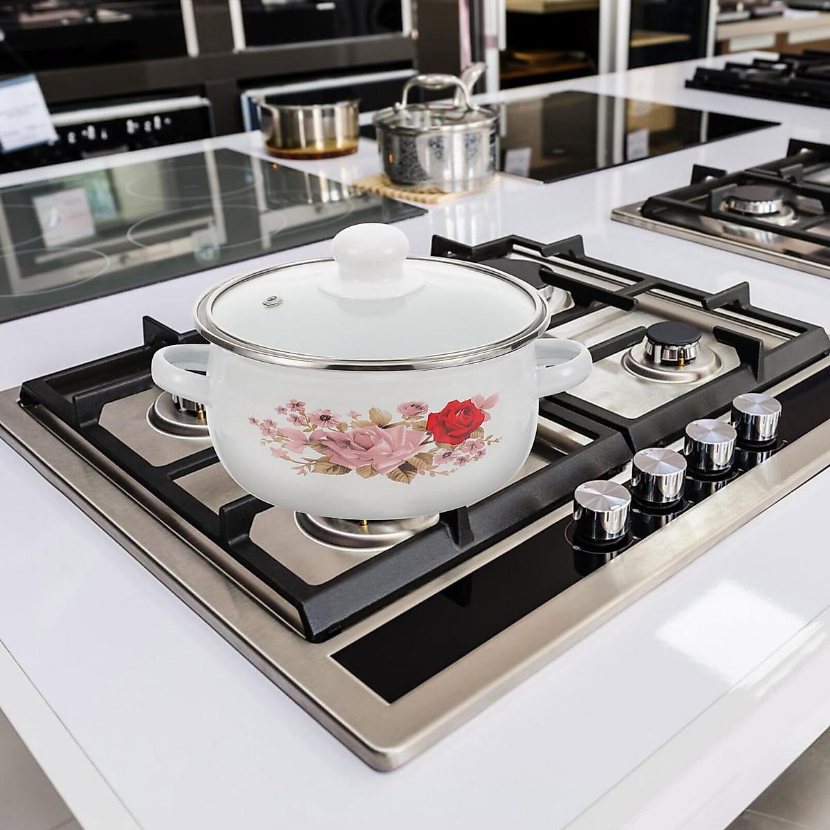 Luxshiny 3pcs Enamel Stock Pot with Lid Retro Floral Cooking Pot Stew Bean Simmer Pot Vintage Soup Pot with Handles Nonstick Cookware for Induction Cookers Gas Stove Random Pattern