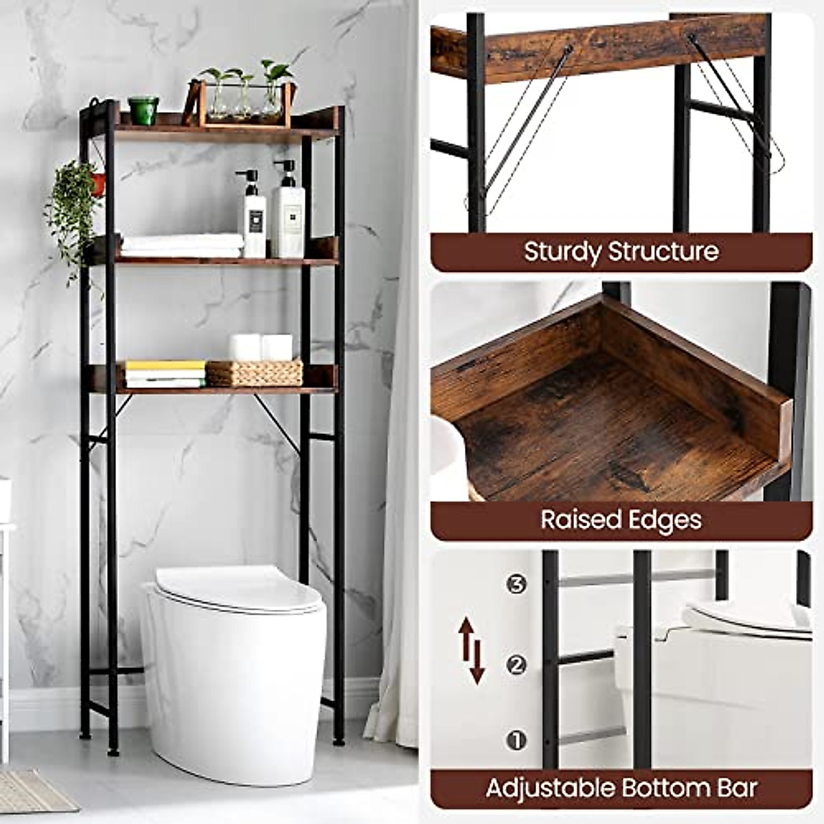 VASAGLE Over The Toilet Storage, 3-Tier Bathroom Storage Shelf, Over Toilet Bathroom Organizer, Rustic Brown and Black UBTS002B01