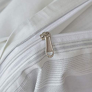 OREISE Duvet Cover Set King Size 100% Cotton White/Light Gray Printed Striped Style Reversible Design 3Piece Bedding Set (1 Duvet Cover + 2 Pillow Shams) with Zipper Closure Soft Breathable Luxury