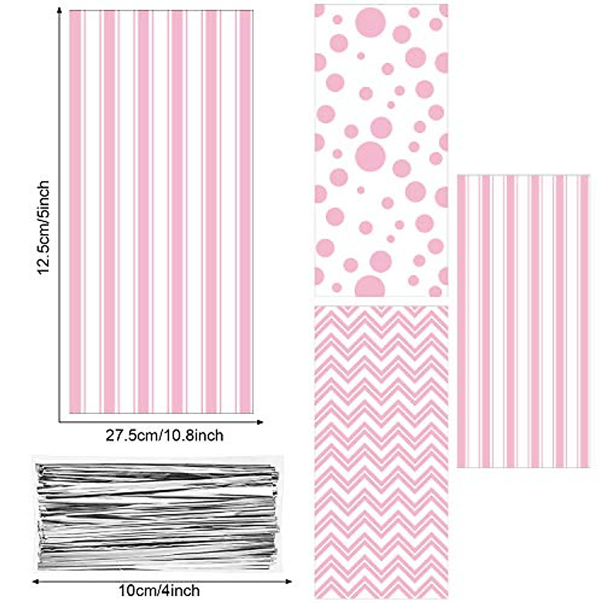 105 PCS Baby Shower Cellophane Treat Bags, Gender Reveal Candy Bag Polka Dot Stripes Printed Plastic Goodie Favor Bags with 100 Silver Twist Ties for Christmas Birthday Party Decor(Light Pink)
