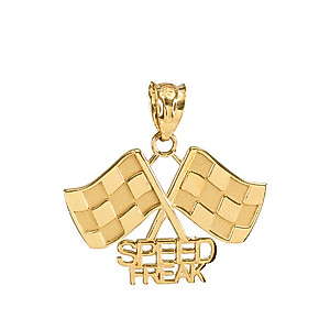 Sideways Crosses 10k Yellow Gold Racing Flags with Speed Freak Charm Pendant Necklace, 20"