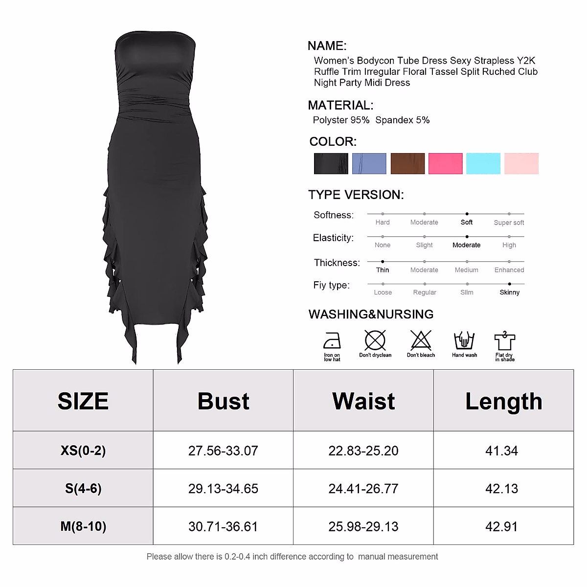 Women’s Bodycon Tube Dress Sexy Strapless Y2K Ruffle Trim Irregular Floral Tassel Split Ruched Club Night Party Midi Dress (as1, Alpha, s, Regular, Regular, Black)