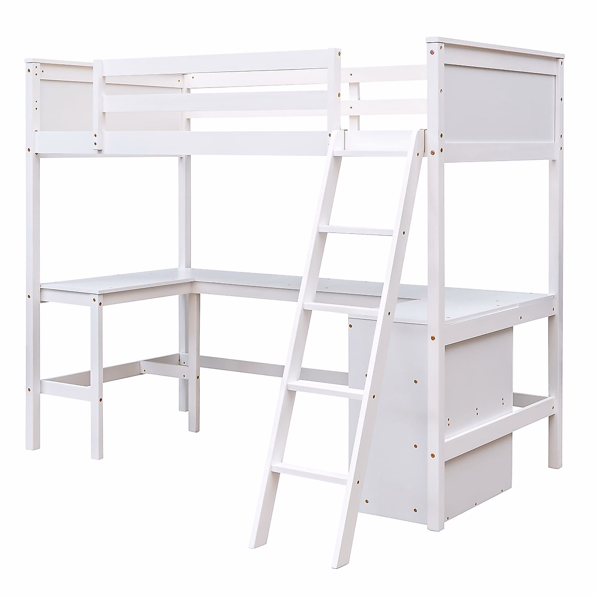 Harper & Bright Designs Twin Loft Bed with Desk and 3 Shelves, Solid Wood Twin Size Loft Bed Frame with Angled Ladder for Kids Teens Boys Girls, No Box Spring Needed (White)