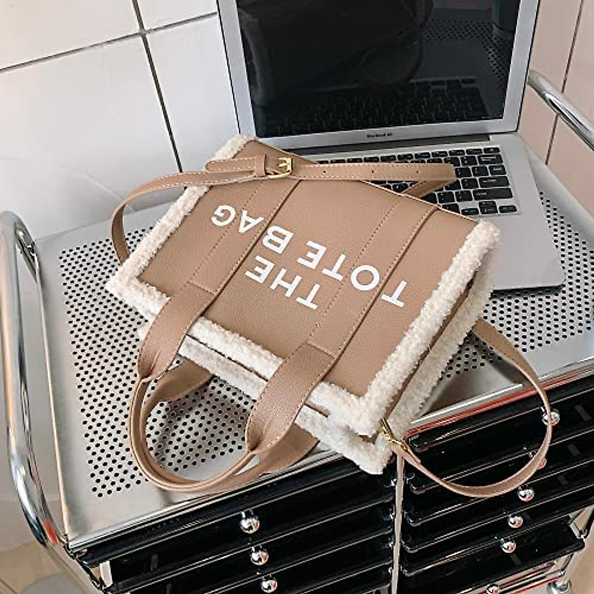 Womens Leather The Tote Bags Top-Handle Crossbody Bag with Fluffy Furry Cute Handbag for Travel Work (khaki,one size)