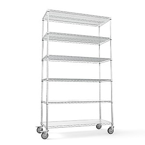 6 Tier NSF Wire Shelf Shelving Unit, 20 x 48 x 84.5 Inch 6000lbs Capacity Heavy Duty Adjustable Storage Metal Rack with Wheels/Leveling Feet&Shelf Liners, Ideal for Garage, Kitchen, and More - Chrome