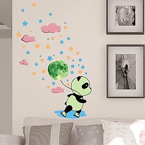 Glow in The Dark Panda Wall Stickers,38 Pcs Fluorescence Animal Star Moon Cloud Decals Girls Baby Kids Bedroom Nursery Classroom Luminous Wall Decorations