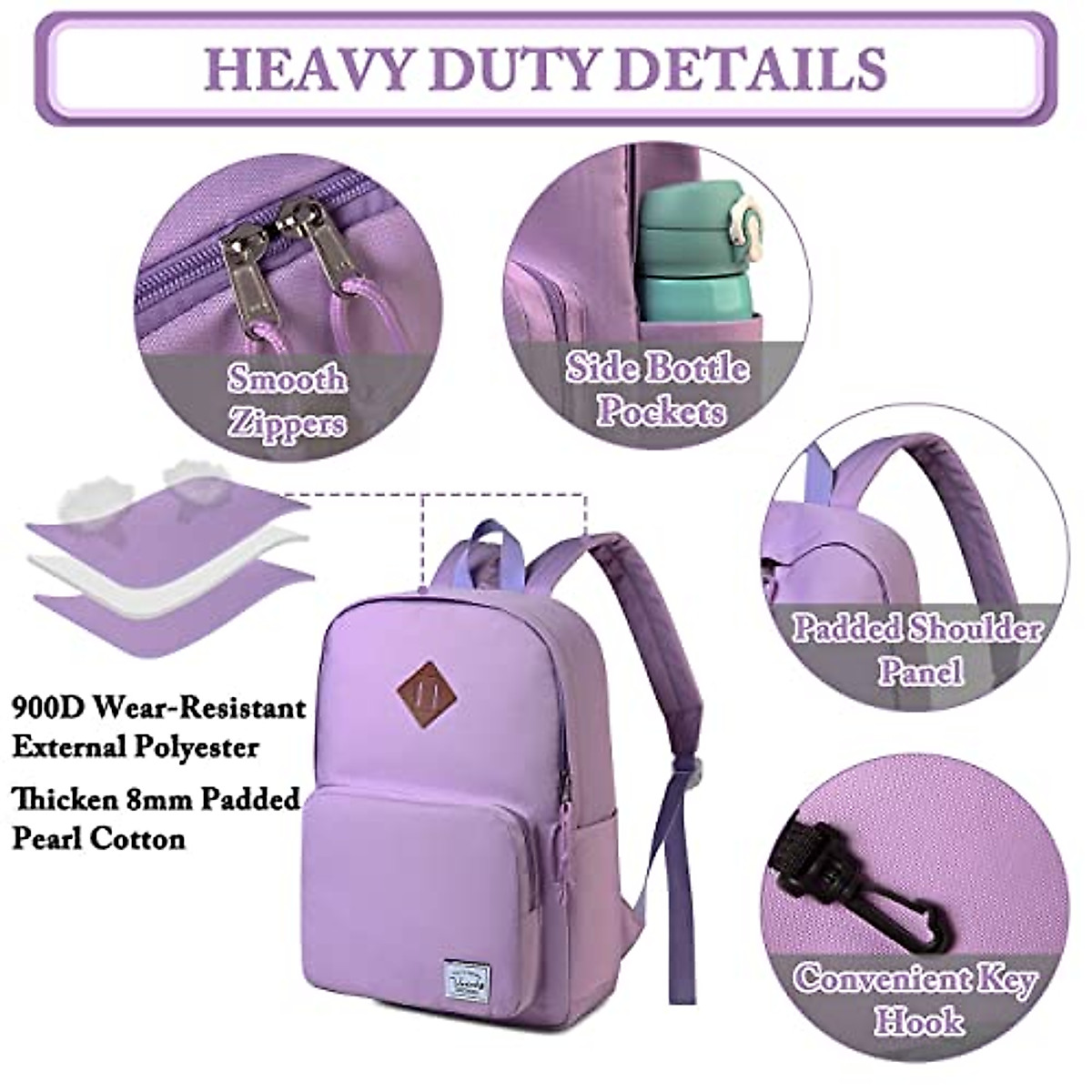 VASCHY School Backpack, Ultra Lightweight Backpack for Women Bookbag for Kids Teen Boys Girls Purple