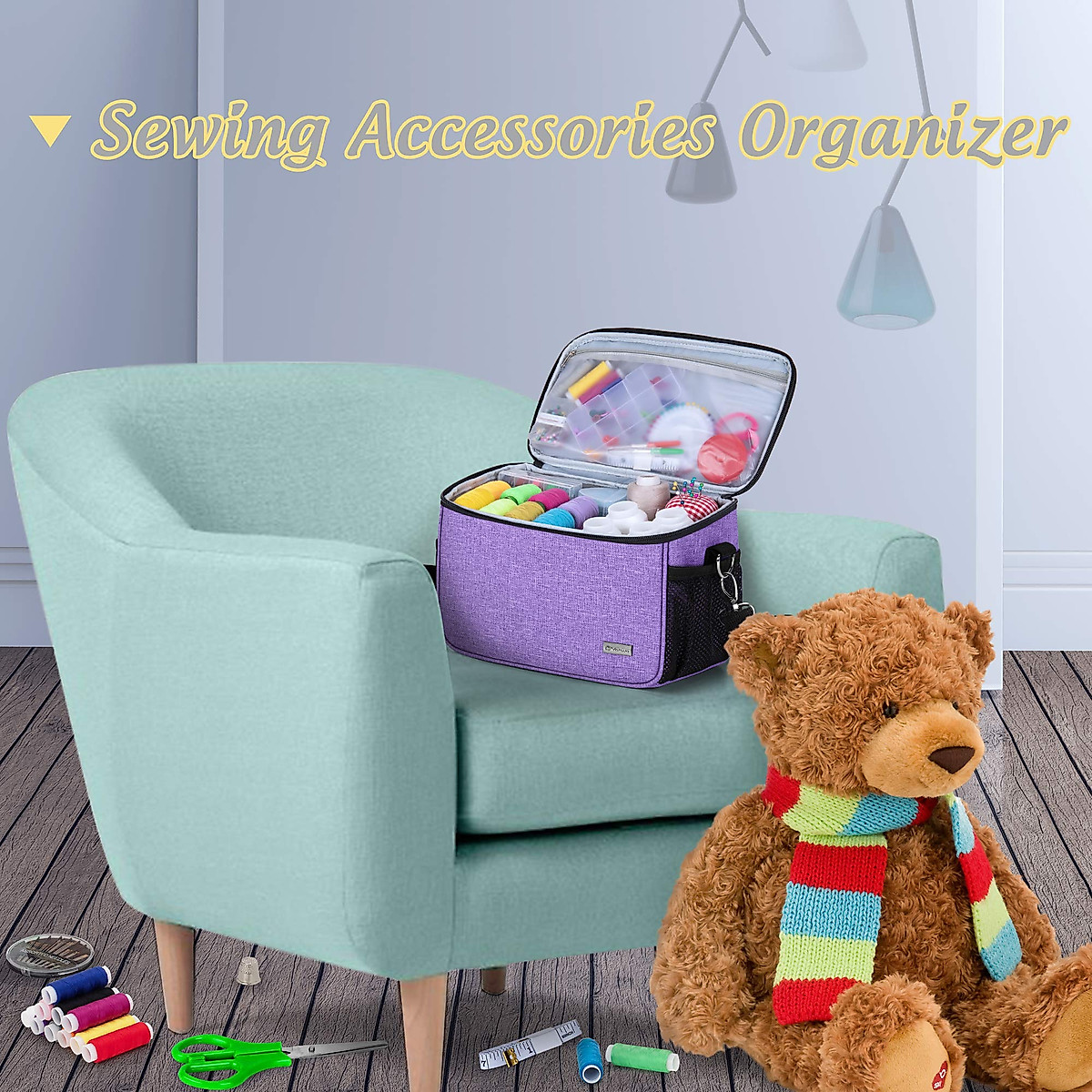 YARWO Sewing Accessories Organizer, Craft Storage Bag for Sewing Tools and Supplies, Purple