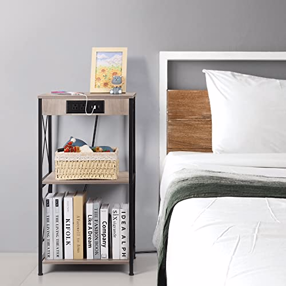 Vrisa 3-Tier Vinyl Record Storage Shelf Record Player Stand with Charging Station, Grey