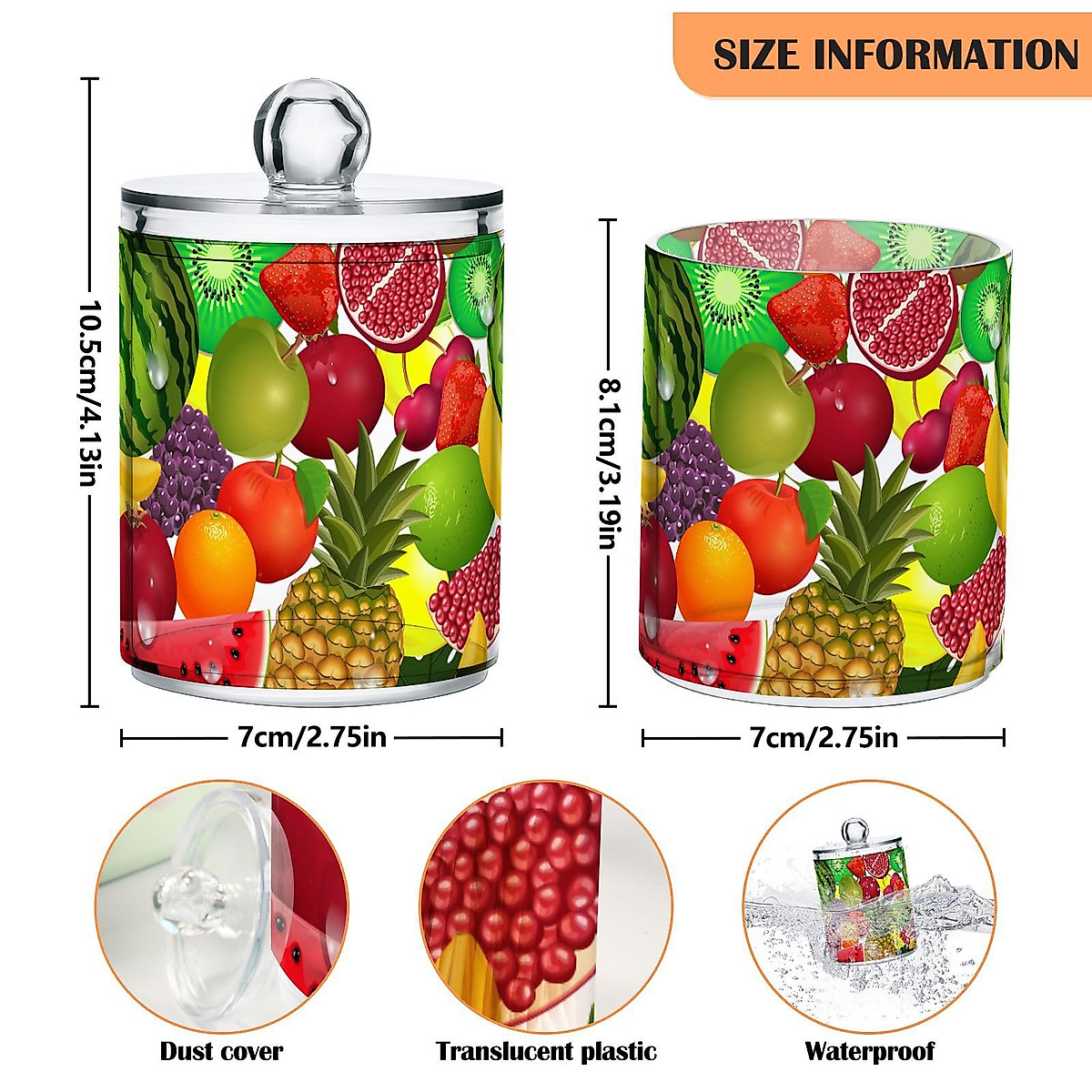 Fruits 2 Pack Qtip Holder Organizer Dispenser Plastic Bathroom Jars Storage Containers with Lids Clear Jars for Hair Accessories